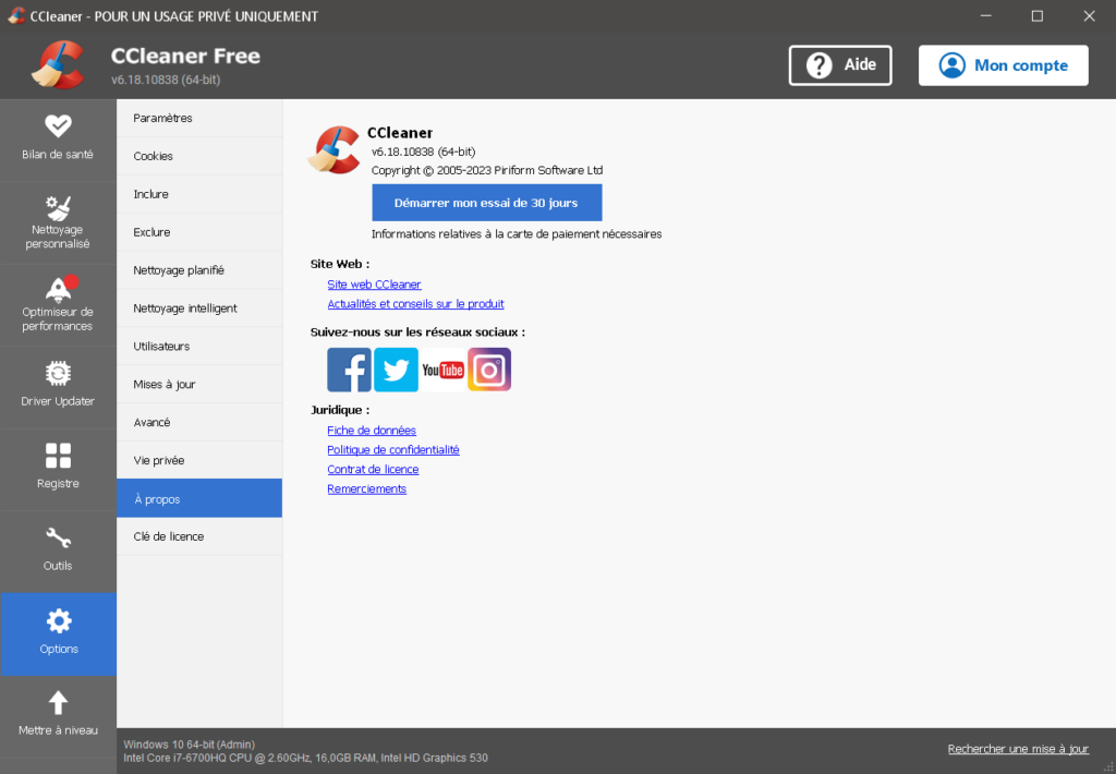 Interface et paramétrage de CCleaner – ASTUCES-INTERNET