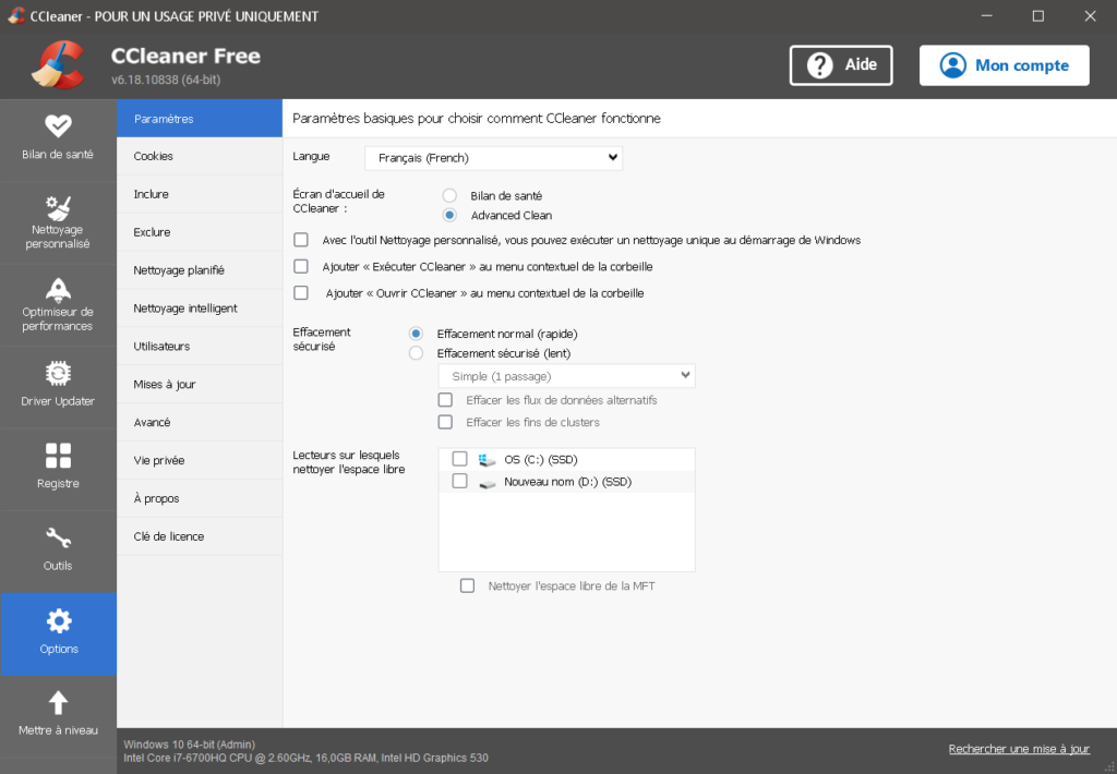 Interface et paramétrage de CCleaner – ASTUCES-INTERNET
